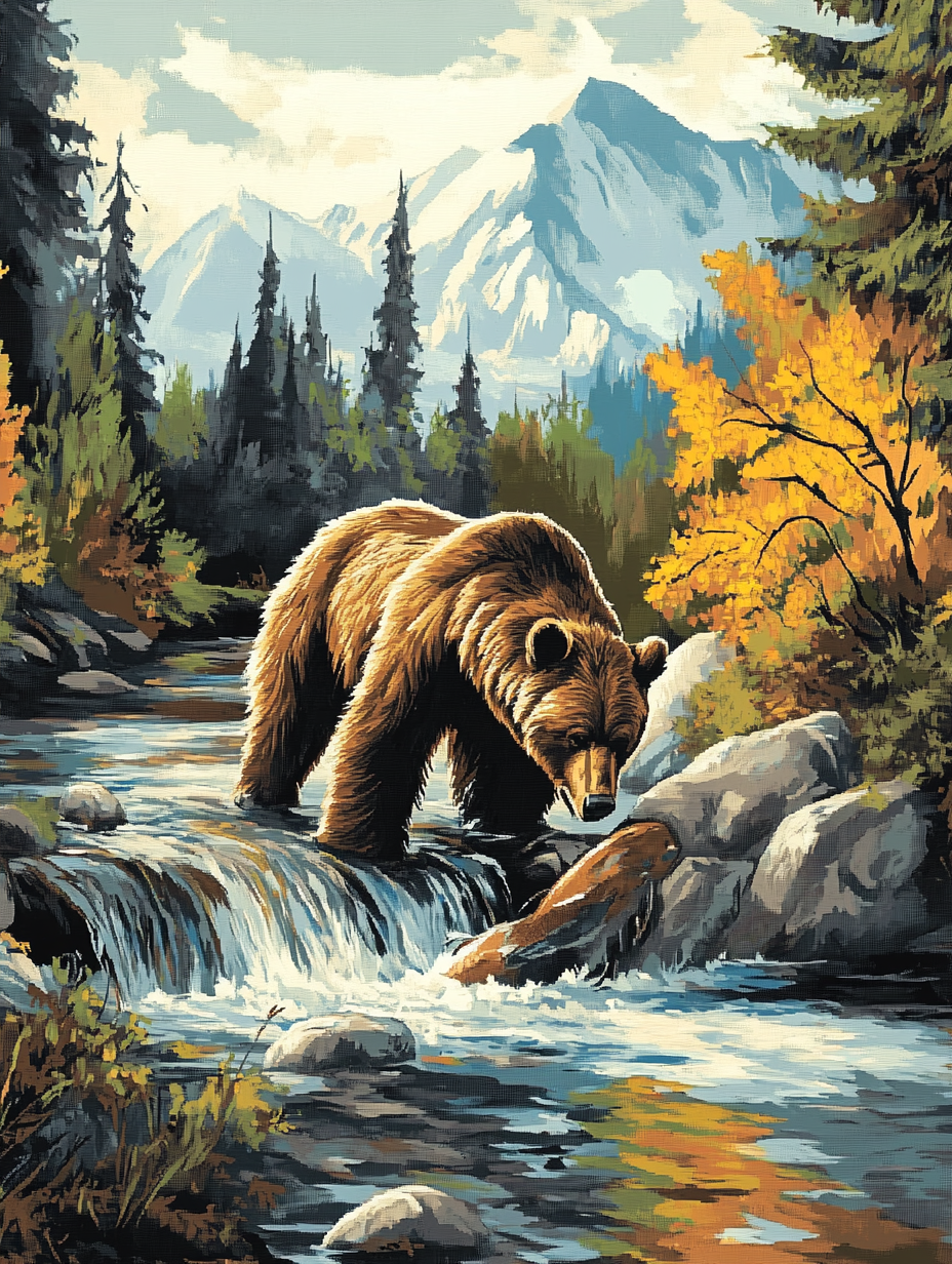 Grizzly Bear, Autumn River – Paintly Kits